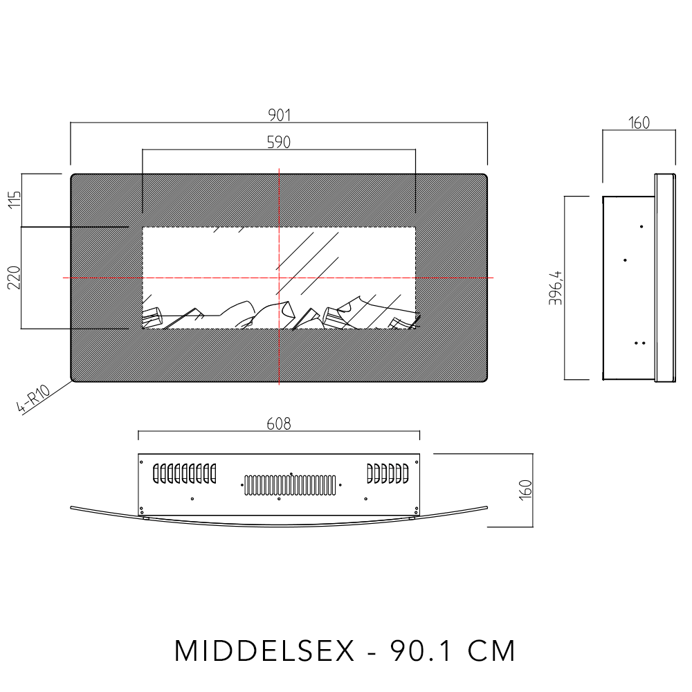 Middlesex cheminée électrique murale incurvée noire